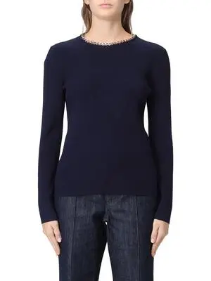 Michael Kors Ribbed Crew Neck Sweater With Chain Detail - Blue