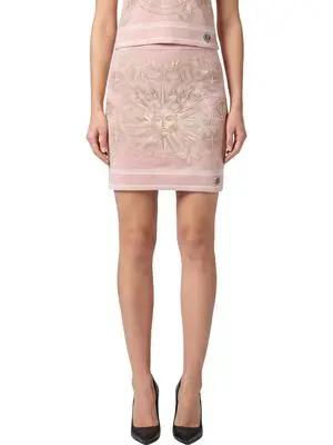 Philipp Plein Wool-blend Knit Pencil Miniskirt With Graphic Monogram Print - Fuchsia