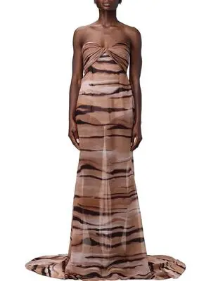 Elisabetta Franchi Chiffon Animal Print Maxi Dress - Camel