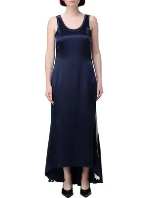 Off-White Satin Midi Dress With Asymmetrical Design - Blue