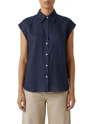 Vince Sleeveless Linen Blend Shirt - Blue