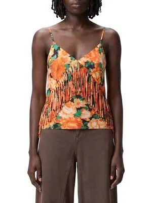 Pinko Viscose Floral Print Top With Fringe And Embroidery - Orange