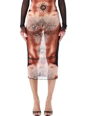 JEAN PAUL GAULTIER Tattoo Print Tulle Midi Skirt - Multicolor