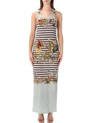 JEAN PAUL GAULTIER Striped Floral Print Cotton Maxi Dress - Blue
