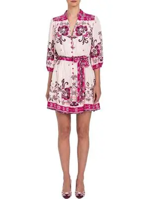 TWINSET Linen Blend Chemisier Dress With Ethnic Print - Fuchsia