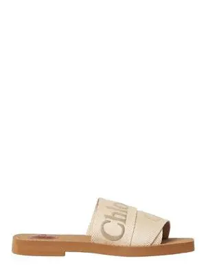 Chloé Woody Embroidered Logo Flat Slide Sandals - Beige