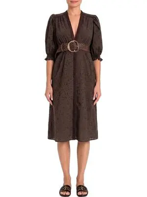 TWINSET Broderie Anglaise Midi Dress - Coffee