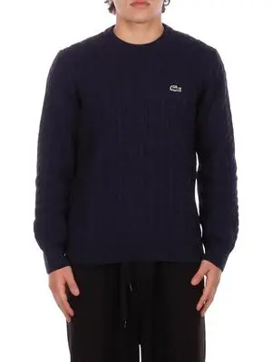Lacoste Cable Knit Cotton Crewneck Sweater With Logo Applique - Blue
