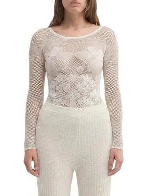 MARGHERITA MACCAPANI Sheer Mesh Bodysuit With Floral Lace Detail - White