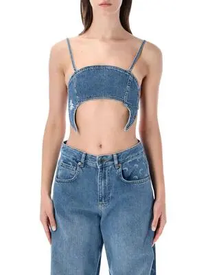 MARINE SERRE Denim Asymmetrical Cropped Top - Gnawed Blue