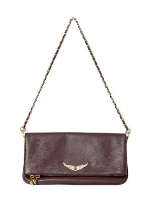 Zadig&Voltaire Zadig & Voltaire Black Leather Clutch Bag With Gold Tone Wings Detail Violet