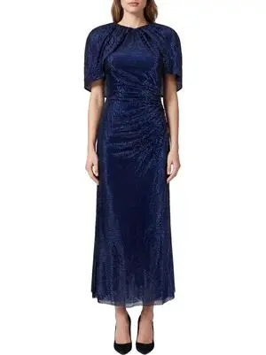 SELF-PORTRAIT Draped Beaded Short Sleeve Midi Dress - Blue