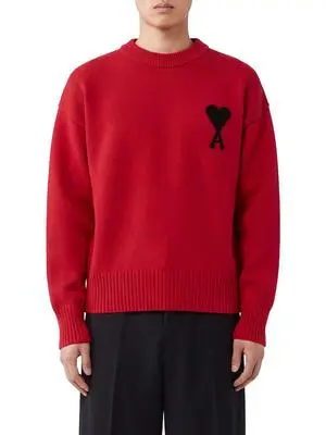 AMI Paris Crewneck Lambswool Sweater With Contrast De Cœur Logo - Red