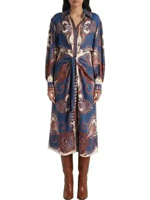 Farm Rio Printed Viscose Midi Shirt Dress - Blue