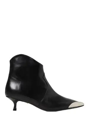 ANNA F. Leather Ankle Boots With Silver Tone Cap Toe - Black