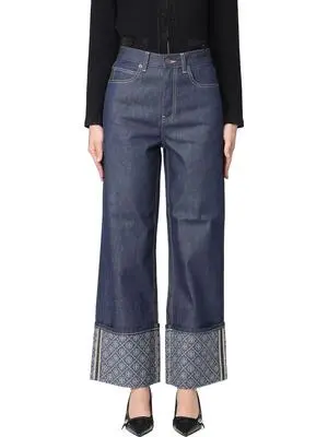 Tory Burch Wide Leg Jeans With Monogram Cuff - Blue