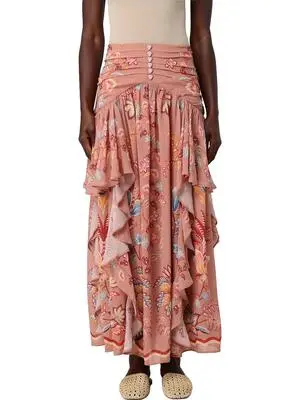 Farm Rio Viscose Floral Print Maxi Skirt - Coffee
