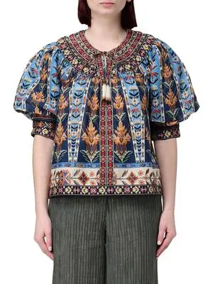 Farm Rio Cotton Crew-neck Blouse With Abstract Ethnic Print - Blue