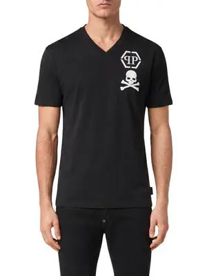 Philipp Plein V-neck Cotton T-shirt With Monogram Logo - Black