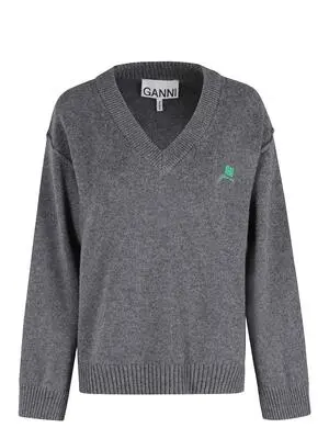 GANNI V-neck Pullover With Applique Detail - Grey