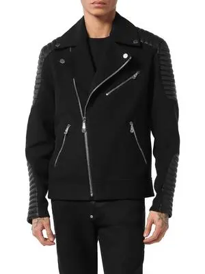 Philipp Plein Leather And Wool Biker Jacket With Lapels And Asymmetrical Zip - Black
