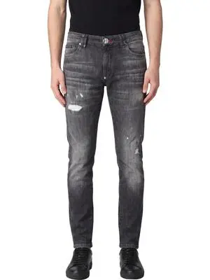 Philipp Plein Distressed Cotton Denim Slim Fit Jeans - Grey