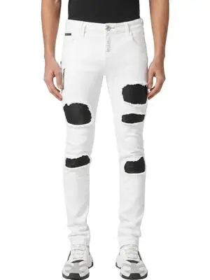 Philipp Plein Skinny Fit Distressed Cotton Denim Jeans - White
