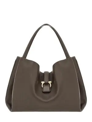 FERRAGAMO Calf Leather Tote Shoulder Bag With Gancini Logo - Grey
