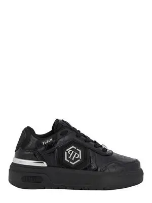 Philipp Plein Leather And Mesh Low-top Sneakers With Croc Print And Hexagon Logo - Black