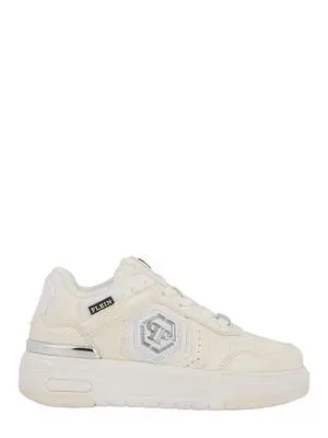 Philipp Plein Leather And Mesh Low-top Sneakers With Croc Print And Hexagon Logo - White