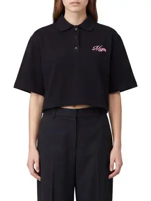 MSGM Cropped Cotton Polo Shirt With Embroidered Logo - Black