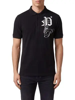 Philipp Plein Cotton Polo Shirt With Monogram Logo And Three-button Placket - Black
