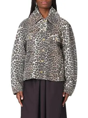 GANNI Denim Leopard Print Jacket - Milk