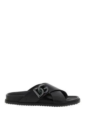 Dolce & Gabbana Cross Strap Sandals With Dg Logo Detail - Black
