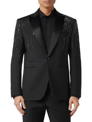 Philipp Plein Single-breasted Crêpe Blazer With Peak Lapels And Rhinestone Embroidery - Black
