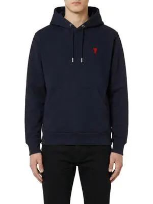 AMI Paris Cotton Hoodie With Embroidered Logo And Kangaroo Pocket - Black