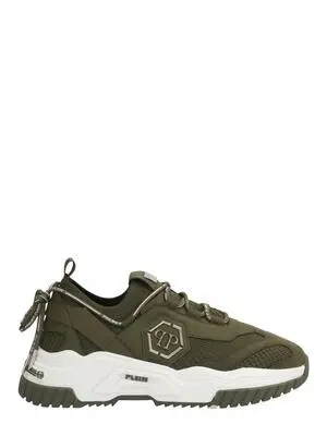 Philipp Plein Crochet Knit And Leather Low-top Sneakers With Metallic Hexagon Logo - Green