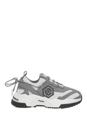 Philipp Plein Crochet Knit And Leather Low-top Sneakers With Metallic Hexagon Logo - Grey
