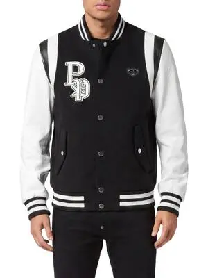 Philipp Plein Wool-felt Varsity Bomber Jacket With Leather Sleeves - Black