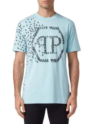 Philipp Plein Cotton T-shirt With Contrasting Hexagon Logo Print On The Chest - Turquoise