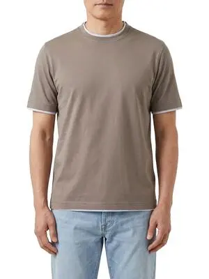 Brunello Cucinelli Crewneck Cotton T-shirt With Contrast Trims - Kaki