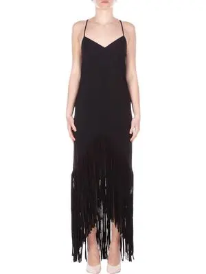 Pinko Jersey Slip Dress With Fringes - Black