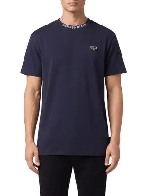Philipp Plein Cotton T-shirt With Metal Logo Plaque Applied To The Chest - Blue