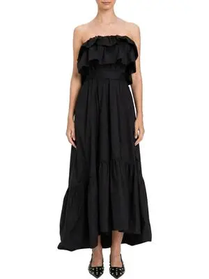 TWINSET Asymmetric Stretch Cotton Off-the-shoulder Midi Dress With Ruffles And Embroidery - Black