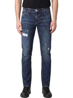 Philipp Plein Distressed Slim Fit Skinny Jeans In Cotton Denim - Blue 1