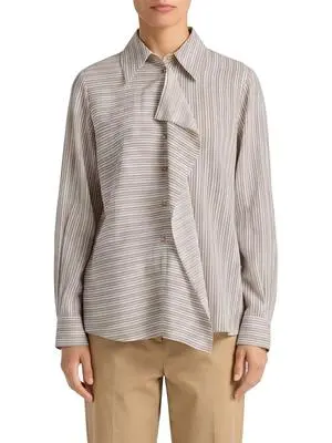 Momoni Striped Viscose Silk Blend Shirt With Ruffle Detail - Cream