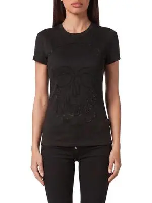 Philipp Plein Slim Fit Cotton T-shirt With Skull Print And Rhinestones - Black
