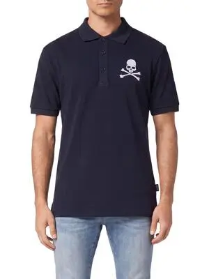 Philipp Plein Skull Print Short-sleeved Cotton Polo Shirt With French Collar - Blue