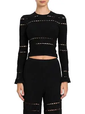 TWINSET Long Sleeve Cotton Blend Top With Openwork Detail - Black