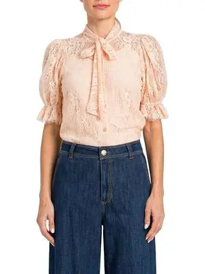 TWINSET Twinset Lace Pussy Bow Shirt With Puff Sleeves Peach